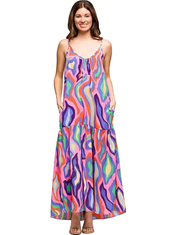 24SEVEN COMFORT APPAREL Maternity Lightweight Spaghetti Strap Pocket Maxi Dress - Pink Multi