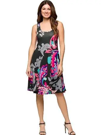 24SEVEN COMFORT APPAREL Maternity Pink Paisley Print Sleeveless Knee Length Tank Swing Dress - Pink Multi