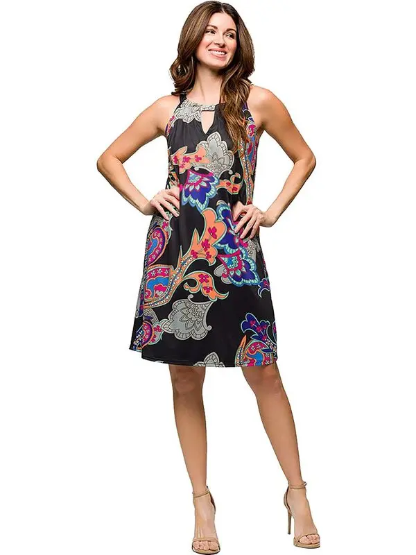 24SEVEN COMFORT APPAREL Paisley Print Sleeveless Keyhole Maternity Dress - Black Multi