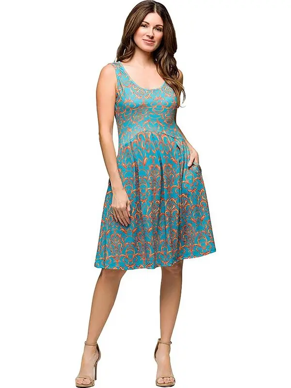24SEVEN COMFORT APPAREL Sleeveless Pleated Knee Length Maternity Dress - Blue Multi