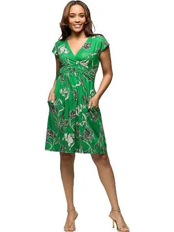 24SEVEN COMFORT APPAREL Maternity Floral V-neck Knee Length Dress - Green Multi