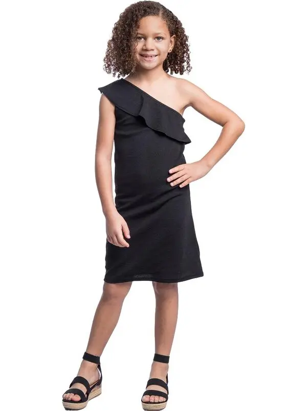 24SEVENKID One Shoulder Ruffle Knee Length Dress - Black