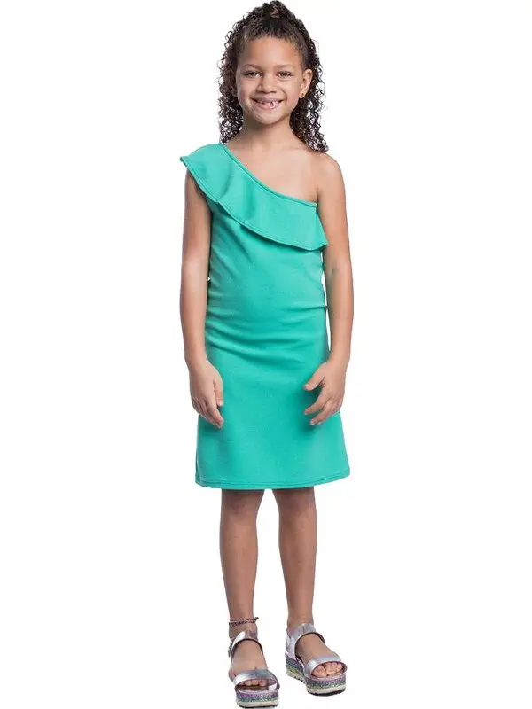 24SEVENKID One Shoulder Ruffle Knee Length Dress - Jade
