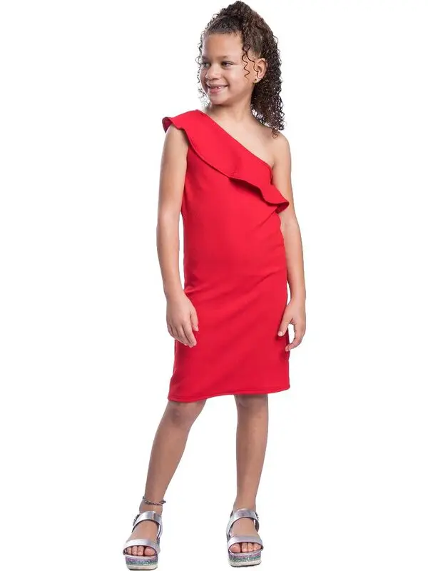 24SEVENKID One Shoulder Ruffle Knee Length Dress - Red