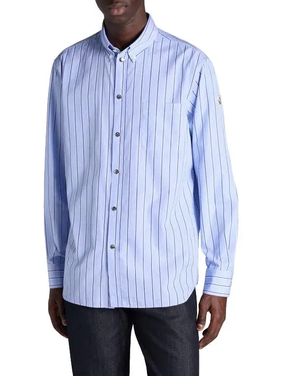 Moncler Logo Patch Stripe Cotton Poplin Button-down Shirt - Light Blue