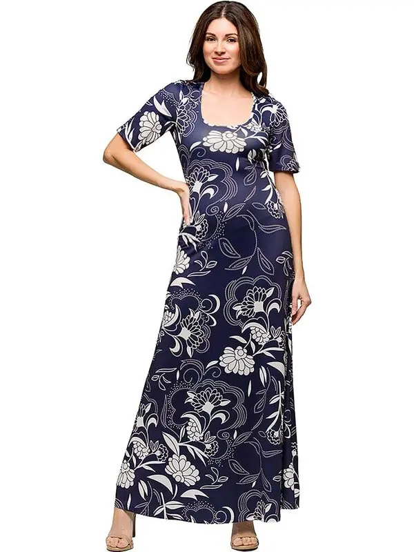24SEVEN COMFORT APPAREL Maternity Floral Print A-line Maxi Dress - Blue Multi