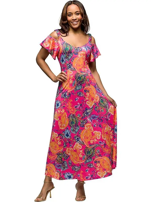 24SEVEN COMFORT APPAREL Paisley Cold Shoulder Ruffle Sleeve A-line Maternity Maxi Dress - Pink Multi