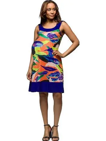 24SEVEN COMFORT APPAREL Maternity Sleeveless Knee Length Dress - Orange Multi
