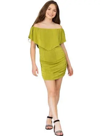 24SEVENKID Off-the-shoulder Rouched Party Dress - Avocado