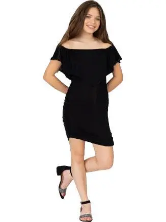 24SEVENKID Off-the-shoulder Rouched Party Dress - Black