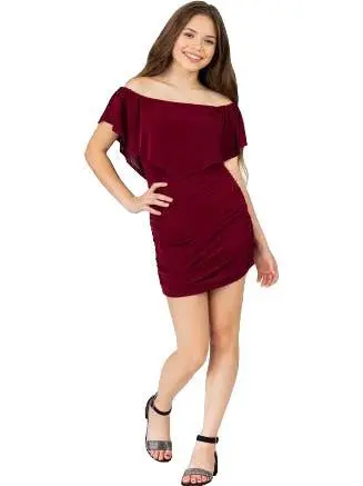 24SEVENKID Off-the-shoulder Rouched Party Dress - Wine