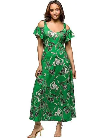 24SEVEN COMFORT APPAREL Floral Cold Shoulder Ruffle Sleeve A-line Maternity Maxi Dress - Green Multi