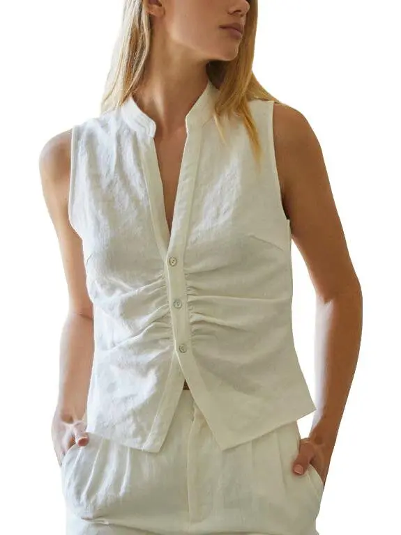 CRESCENT Sleeveless Mandarin Collar Linen Blouse - White