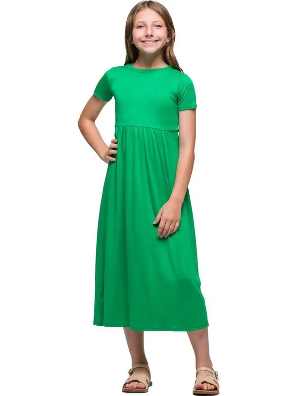 24SEVENKID Short Sleeve Pleated Midi Dress - Green