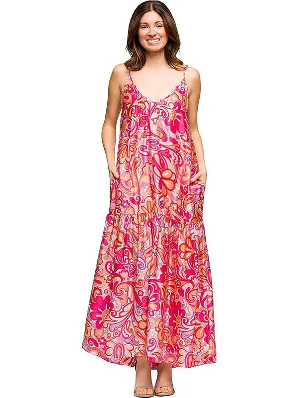 24SEVEN COMFORT APPAREL Maternity Printed Maxi Dress - Pink Multi