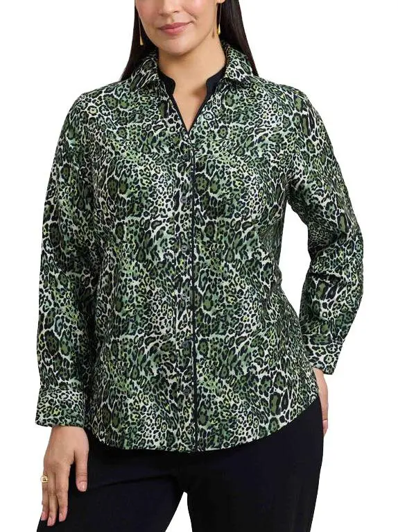Foxcroft Marlee Leopard Print Button-up Shirt - Basil Green/ Multi