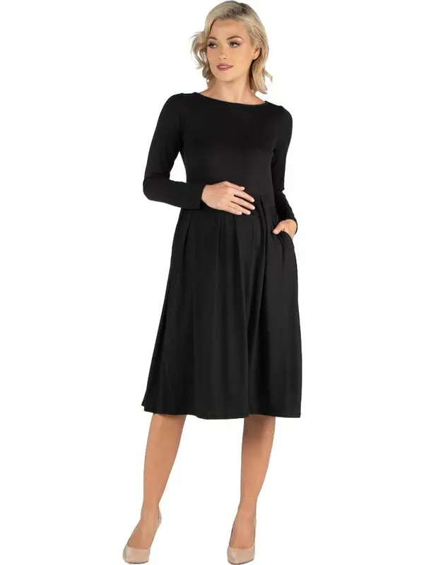 24SEVEN COMFORT APPAREL Maternity Midi Length Fit And Flare Dress - Black