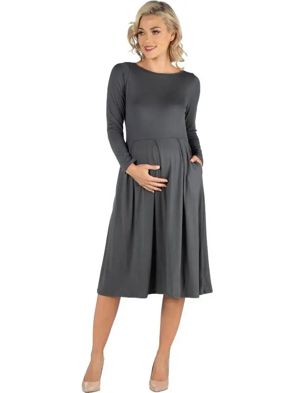 24SEVEN COMFORT APPAREL Maternity Midi Length Fit And Flare Dress - Grey