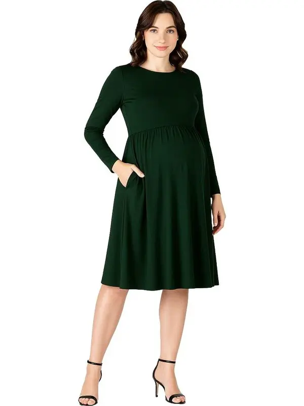 24SEVEN COMFORT APPAREL Maternity Midi Length Fit And Flare Dress - Hunter