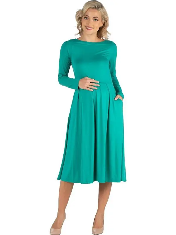 24SEVEN COMFORT APPAREL Maternity Midi Length Fit And Flare Dress - Jade