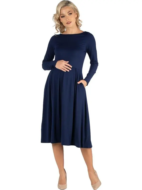 24SEVEN COMFORT APPAREL Maternity Midi Length Fit And Flare Dress - Navy