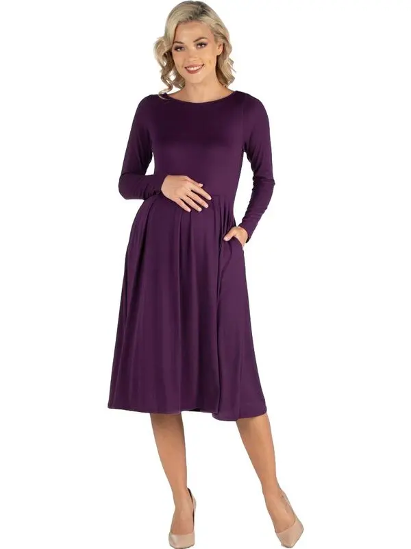 24SEVEN COMFORT APPAREL Maternity Midi Length Fit And Flare Dress - Purple
