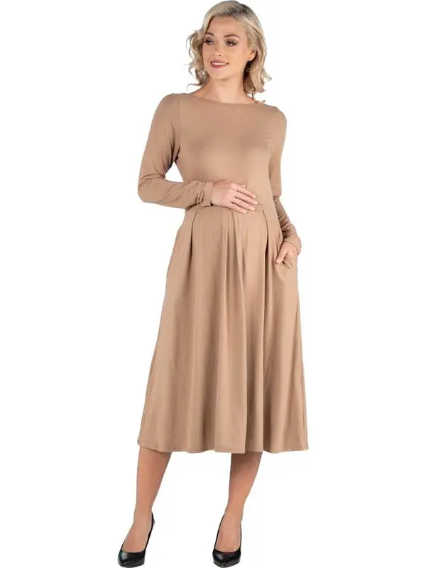 24SEVEN COMFORT APPAREL Maternity Midi Length Fit And Flare Dress - Wheat