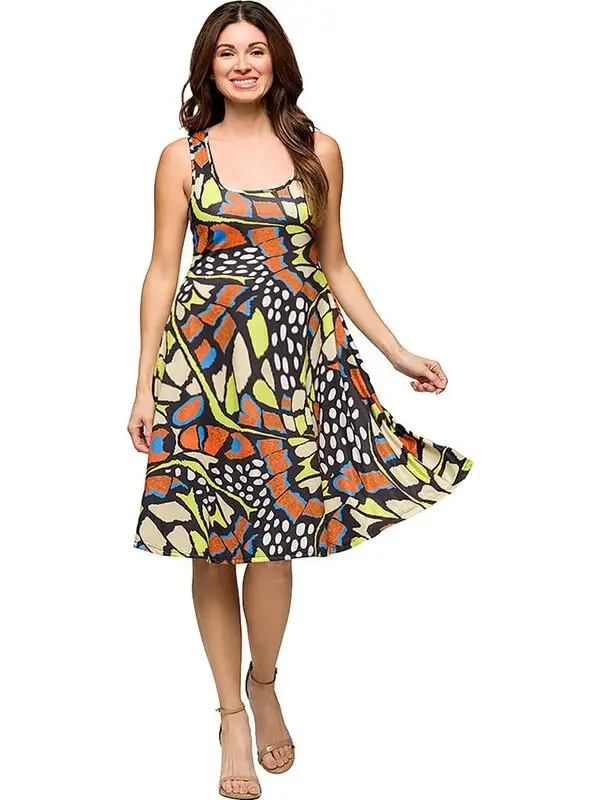 24SEVEN COMFORT APPAREL Sleeveless Butterfly Print Tank Swing Dress - Orange Multi