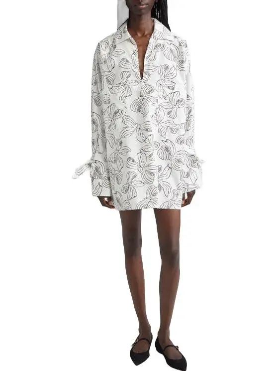 Max Mara Sansa Bow Print Long Sleeve Cotton Poplin Minidress - White