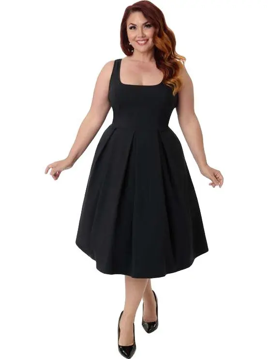 Unique Vintage Square Neck Pleated Swing Dress - Black