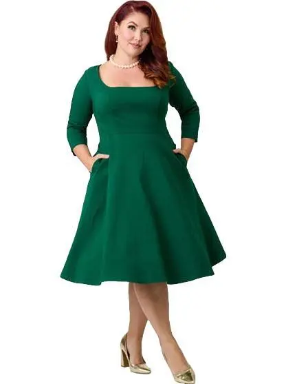 Unique Vintage Square Neck Pleated Swing Dress - Green Solid