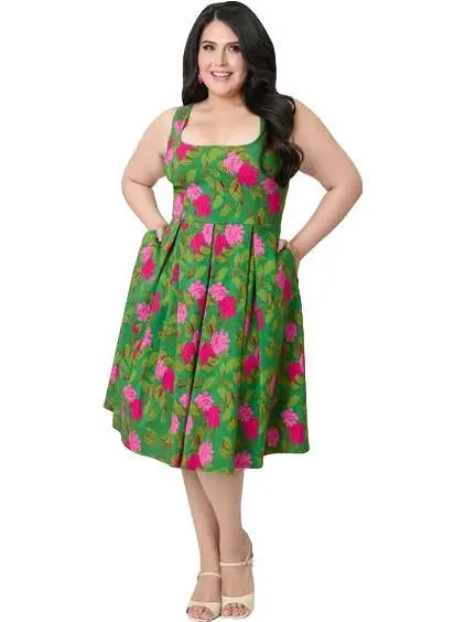 Unique Vintage Square Neck Pleated Swing Dress - Green W/pink Floral