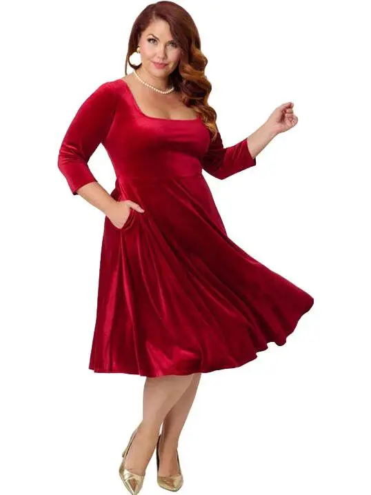 Unique Vintage Square Neck Pleated Swing Dress - Red