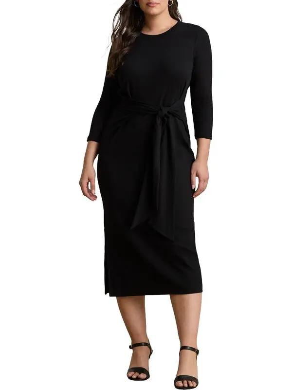 Ralph Lauren Tie Waist Rib Cotton-blend Midi Dress - Black