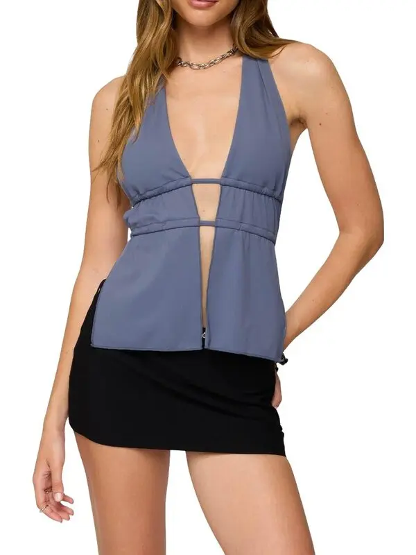 EDIKTED Split Front Halter Top - Blue