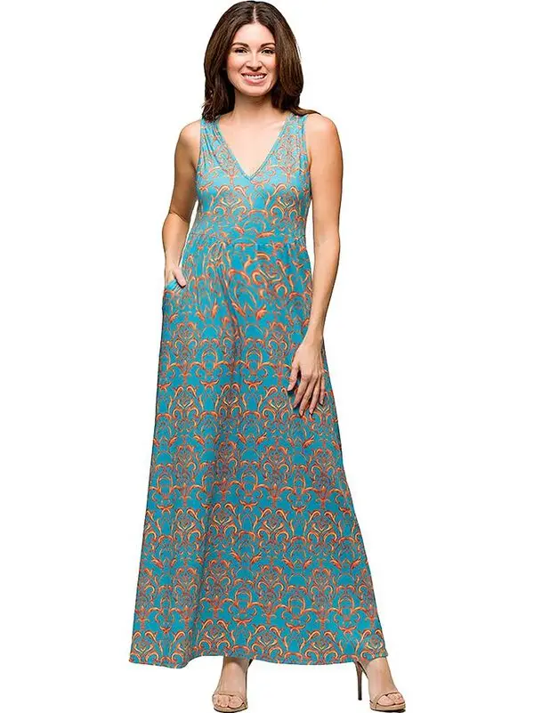 24SEVEN COMFORT APPAREL Maternity Sleeveless V-neck Maxi Dress With Pockets - Blue Multi