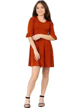 24SEVENKID Elbow Length Sleeve Fit And Flare Party Dress - Rust