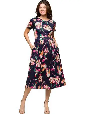 24SEVEN COMFORT APPAREL Maternity Floral Pleated Flare Midi Pocket Dress - Blue Multi
