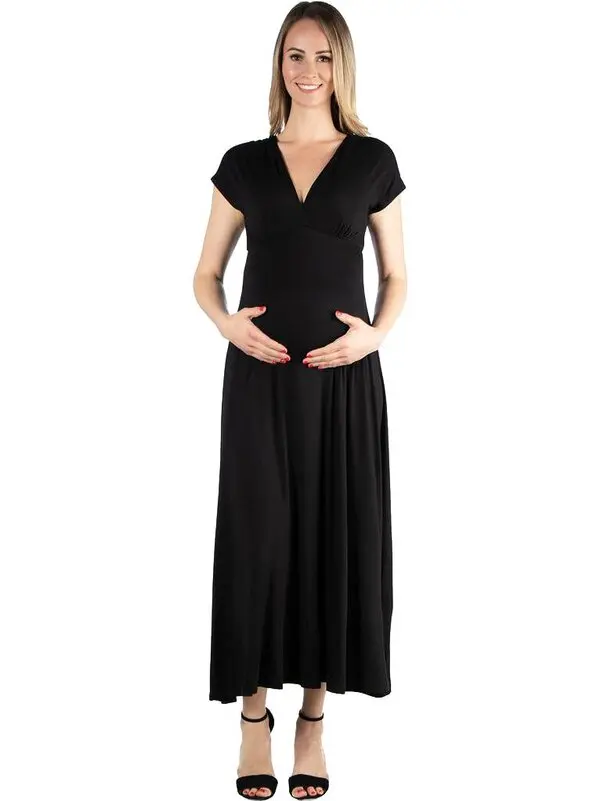 24SEVEN COMFORT APPAREL Maternity Cap Sleeve V-neck Maxi Dress - Black