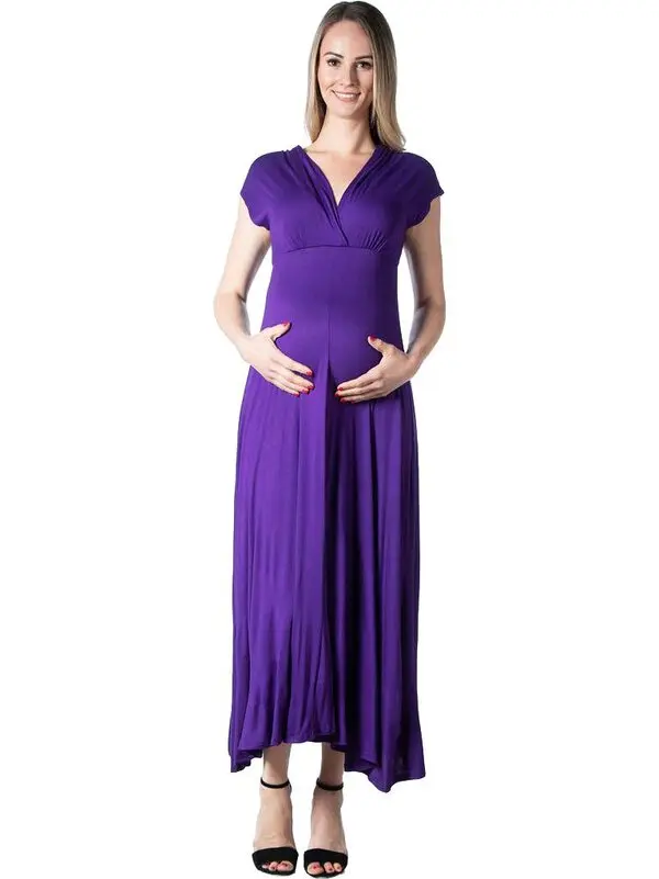 24SEVEN COMFORT APPAREL Maternity Cap Sleeve V-neck Maxi Dress - Purple