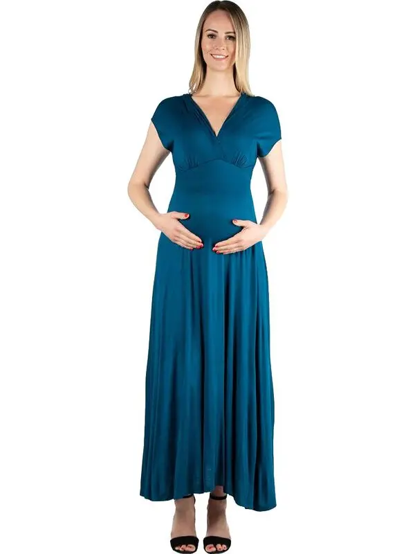 24SEVEN COMFORT APPAREL Maternity Cap Sleeve V-neck Maxi Dress - Teal