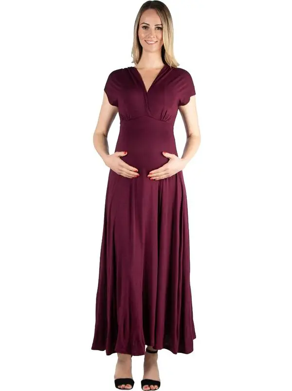 24SEVEN COMFORT APPAREL Maternity Cap Sleeve V-neck Maxi Dress - Wine