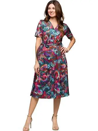 24SEVEN COMFORT APPAREL Maternity Midi Dress With Tie Waist - Brown Multi