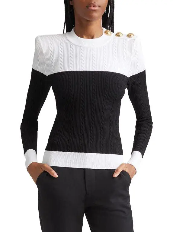 Balmain Twisted Cable Knit Sweater - Black/ White