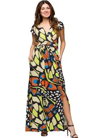 24SEVEN COMFORT APPAREL Maternity Butterfly Print Maxi Dress - Orange Multi