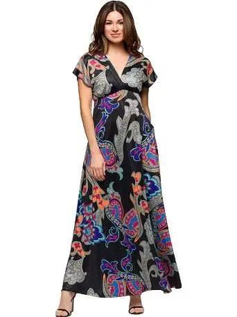 24SEVEN COMFORT APPAREL Paisley Print V-neck Empire Waist Maternity Maxi Dress - Black Multi