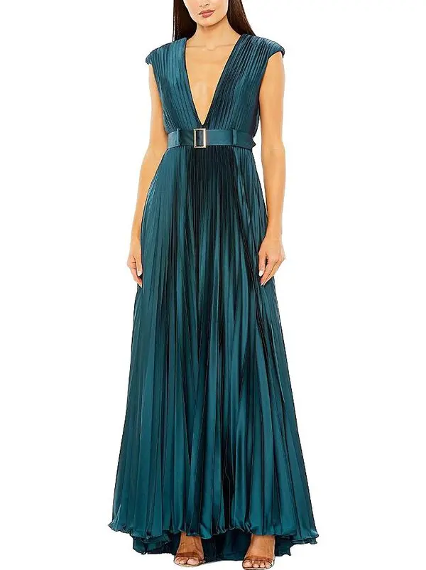 Mac Duggal Pleated Plunge Neck Belted Satin Gown - Midnight