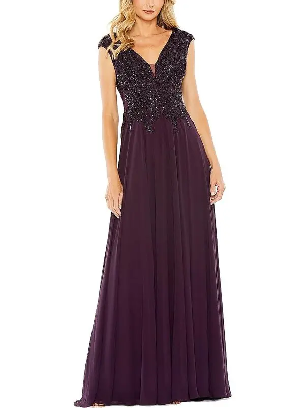 Mac Duggal Cap Sleeve Applique Gown - Aubergine