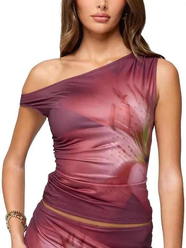 EDIKTED Tiger Flower Off Shoulder Top - Burgundy