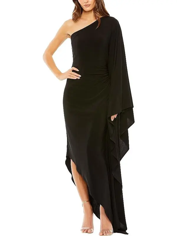 Mac Duggal One-shoulder Ruched Jersey Gown With Cape Sleeve - Black